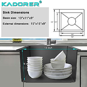 15 x 15 Inch Black Drop In Kitchen Bar Sink, Small Kitchen Sink Single Bowl Topmount Bar Prep Sink 18 Gauge Stainless Steel Bar Sink with Grid and Basket Strainer