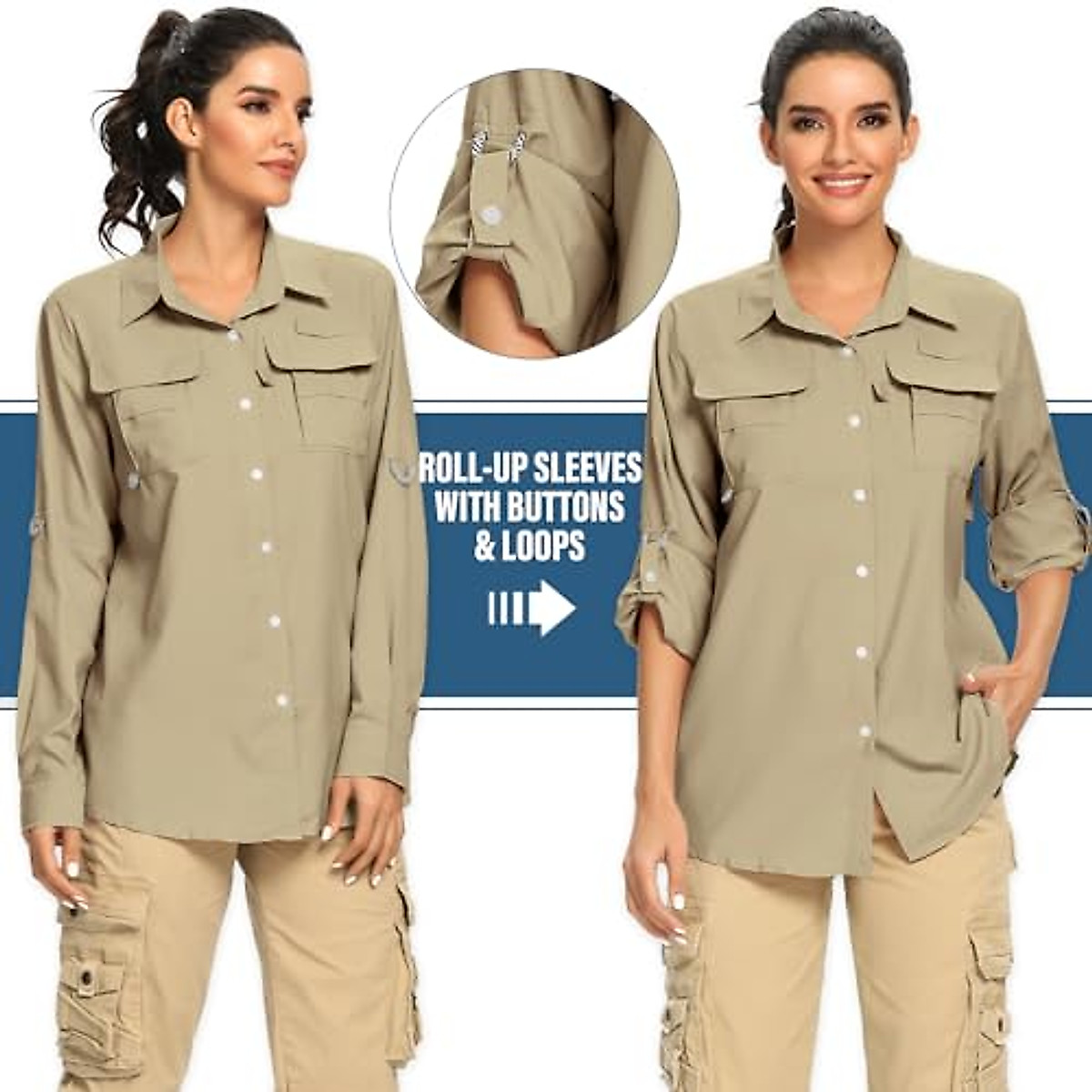 linlon Women's UPF Long Sleeve Fishing Shirts Button Up Hiking Safari Shirts Sun Protection and Quick Dry,Khaki,M