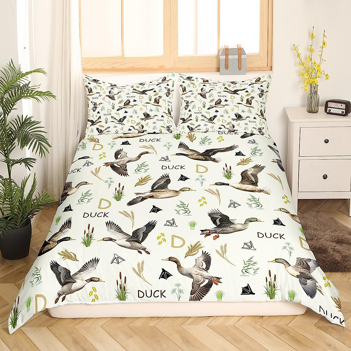 Feelyou Mallard Duck Duvet Cover Twin, Hunting and Fishing Bedding Set Green Duck Comforter Cover Wild Animal Bedspread Cover Breathable Bedding Collection 2Pcs (No Comforter)