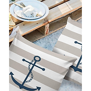 Outdoor Waterproof Pillow Covers for Patio Blue Nautical Anchor Chain Decorative Throw Pillow Cover Beige White Stripes Pillowcases Set of 2 Cushion Case for Sofa Couch Chair Home Decor 20x20 inch