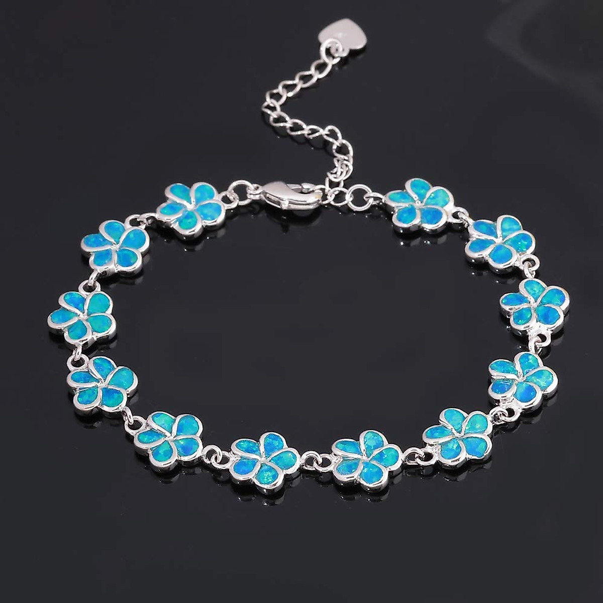 CiNily Sterling Silver Plated Blue Opal Flower Bracelet-Plumeria Hawaiian Flower Link Tennis Bracelet for Women October Birthstone Bracelet