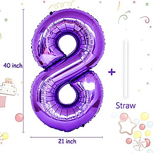 40 inch Purple Number 8 Balloon, Big Size Digit Foil Mylar Helium Balloons for Birthday Party Wedding Anniversary Bachelorette Celebration Baby Shower Decoration Supplies