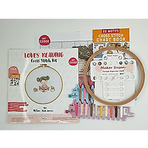 Maker Susan Loves Reading Pattern Counted Cross Stitch Kits for Adults and Beginners with Wooden Hoop, DMC Fabric, Threads and Needles, Embroidery Thread Floss Organizer Cards, Embroidery Kit (E2002)