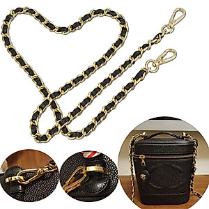 BlitzBite 46" Synthetic Leather Metal Chain-Purse Chain Strap Leather Iron Flat Chain-Cross Body Replacement Shoulder Strap-Black Leather Silver Hardware-for Shoulder,Clutches,Wallets,Camera Bag