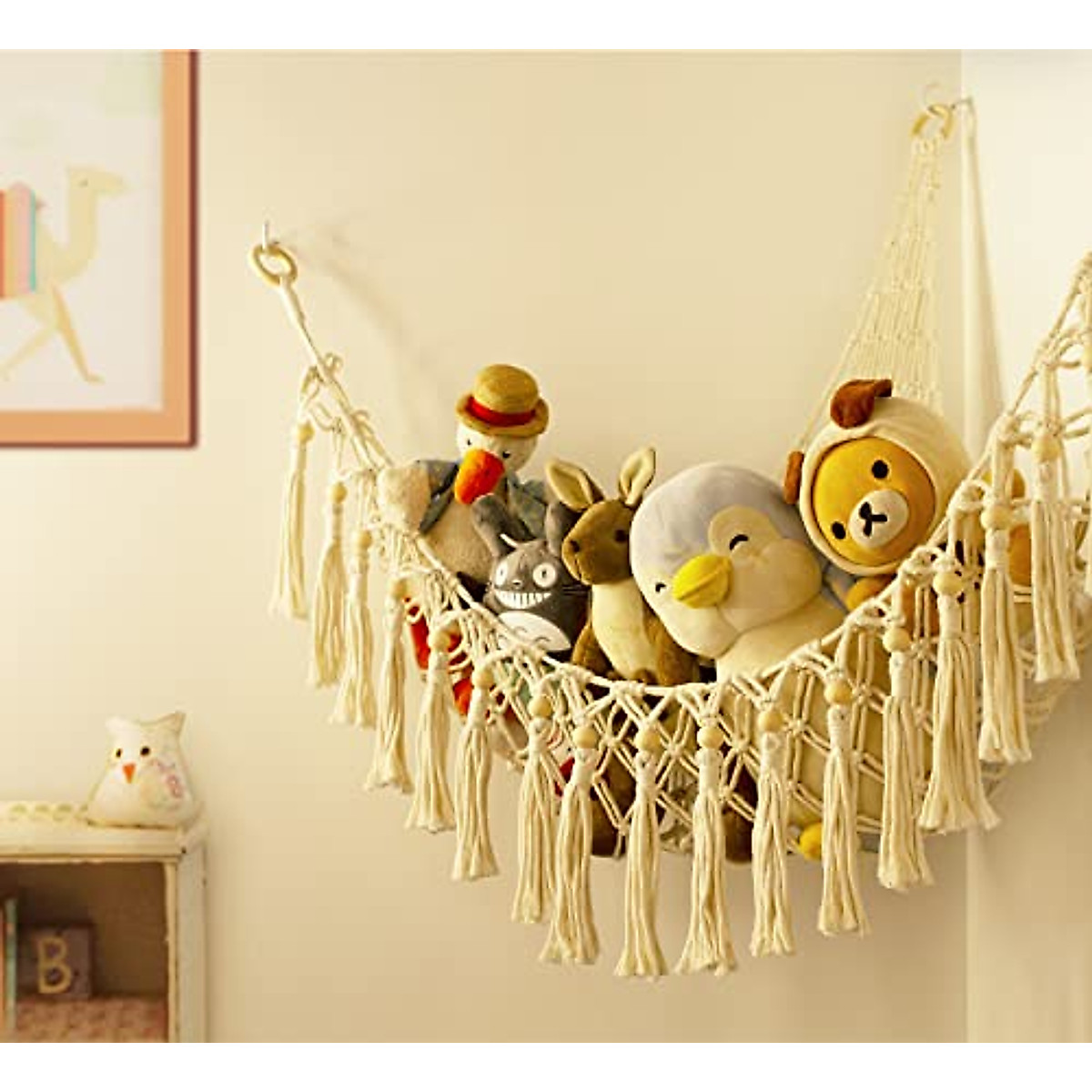 TCGPRO Stuffed Animal Toy Storage Hammock with LED Light-Macrame Jumbo Doll Room Corner Organizer Mesh Decoration-Hanging Storage Nets Kids Bedroom(Beads), Beige