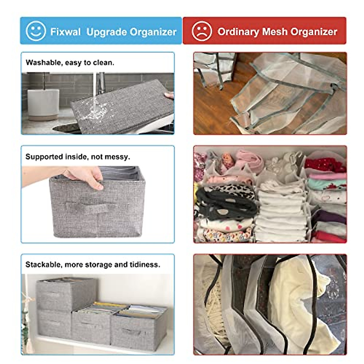 Fixwal 4pcs Wardrobe Clothes Organizer with Support Board Closet Organizers and Storage 7 Grids Divider Drawer Organizers Washable Compartment Storage Bins for Jeans T-shirt Pants Legging