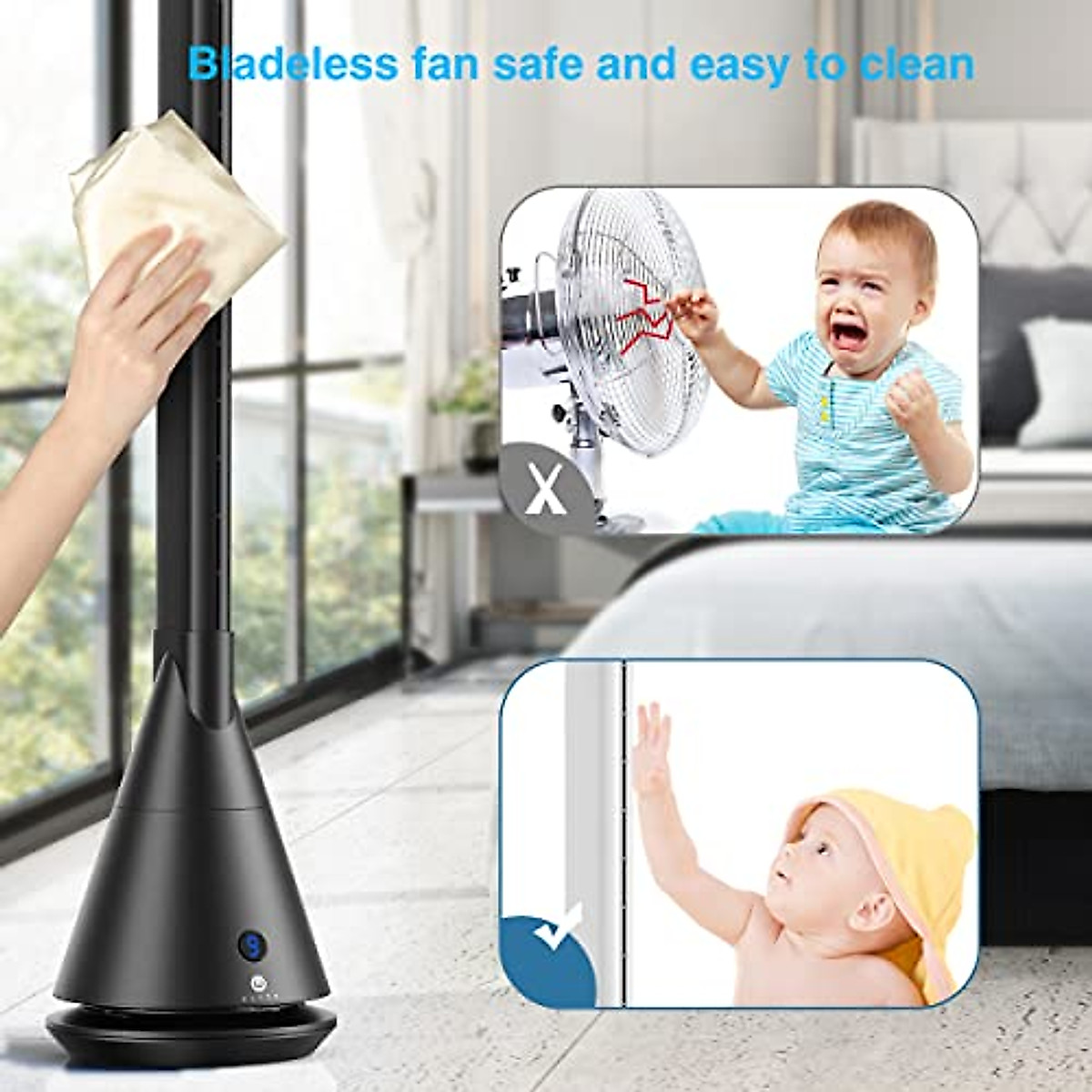 ULTTY Bladeless Tower Fan 90° Oscillating Fan with Remote, Quiet Cooling, 12 Modes, 8H Timer, Space-Saving, LED Display with Touch Control, 40” Portable Floor Bladeless Fan for Bedroom Home, Black