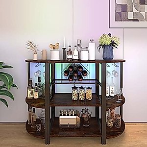 Wine Rack Table with Socket and LED Light 47.3 Inch Wood Coffee Bar Cabinet Detachable with Adjustable Wine Rack, FreeStanding Wine Bar Rack, Sideboard and Buffet Cabinet for Liquor and Glasses