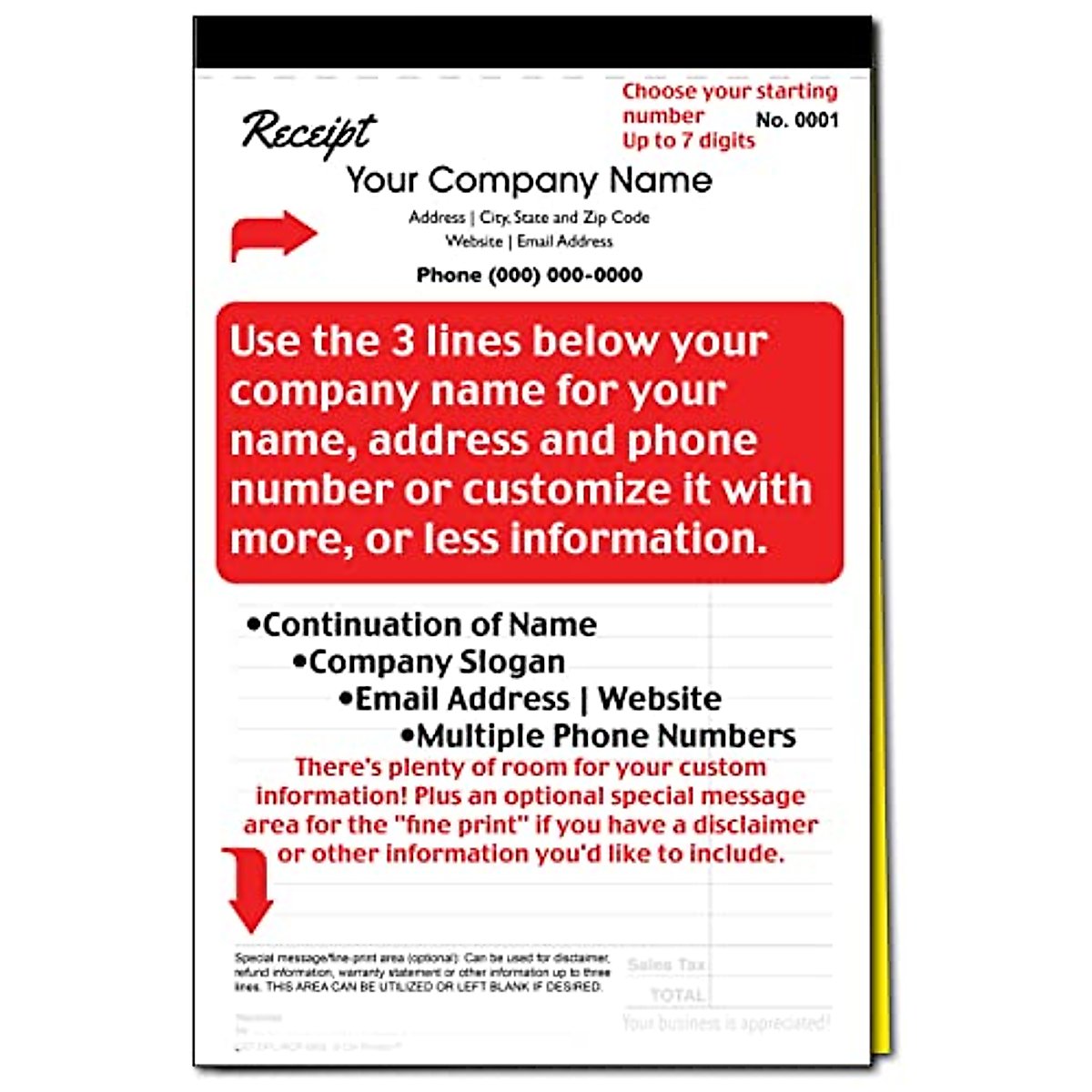 Custom Duplicate Receipt Books with Your Company Name. 2 Books (100 Sets) Numbered.