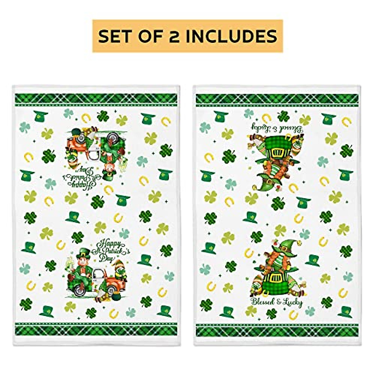 St Patricks Hand Towels Bathroom, Happy St. Patrick's Day Leprechaun Shamrocks Kitchen Towels 18”x28”, Gnomes Green Hat Irish Truck Dish Tea Towel Housewarming Gifts Decorations for Home Sets of 2