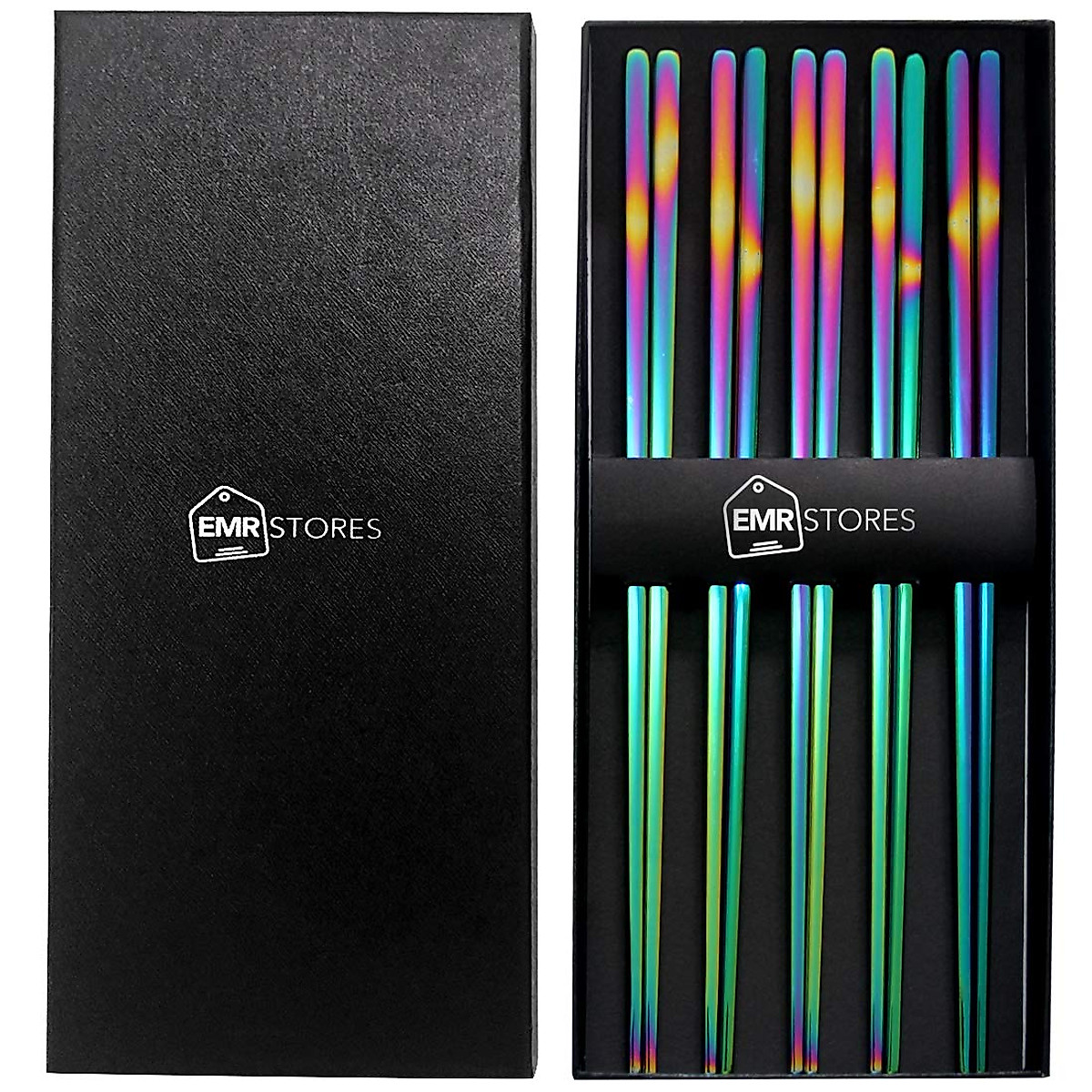 EMRSTORES Stainless Steel Chopsticks - Multicolor Reusable Chopsticks - 5 Pairs Dishwasher Safe Metal Chopsticks - Easy to Use - Square Lightweight Chop Sticks - Gift Set