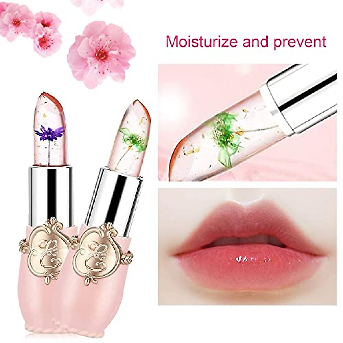 Deepmind 2 Pcs Crystal Flower Jelly Lipstick Magic Lip Color Changing Lip Balm PH Clear Temperature Color Changing Lipstick Long Lasting Nutritious Moisturizing Lip Gloss (6#)