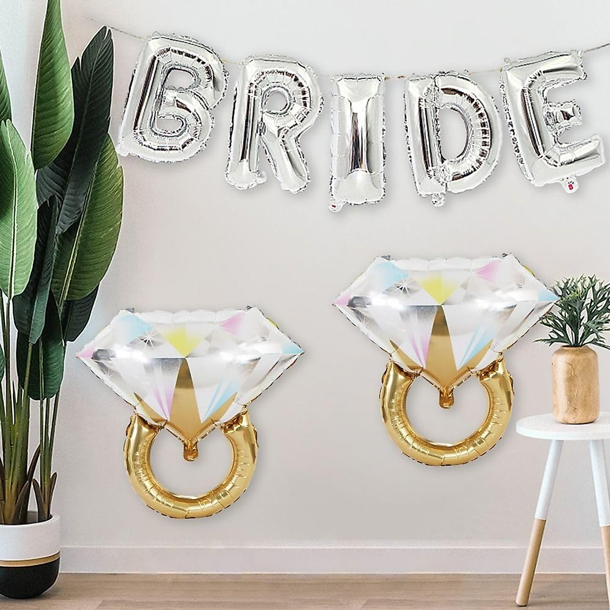 Uniquer Giant Bride Balloon with 2 PCS Ring Balloons, 16 Inch Letter Balloon, Diamond Ring Shape Balloons, Bachelorette Party Decorations(Silver)