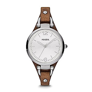 Fossil Women's Georgia Quartz Stainless Steel and Leather Three-Hand Watch, Color: Silver, Brown (Model: ES3060)