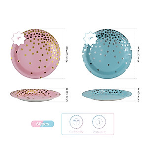Ottin Pink and Blue Gender Reveal Decorations Polka Dots Party Paper Plates 9'' 60 counts Disposable Dinner Plates for Party Engagement Wedding Birthday Bridal Shower Baby Shower Graduation