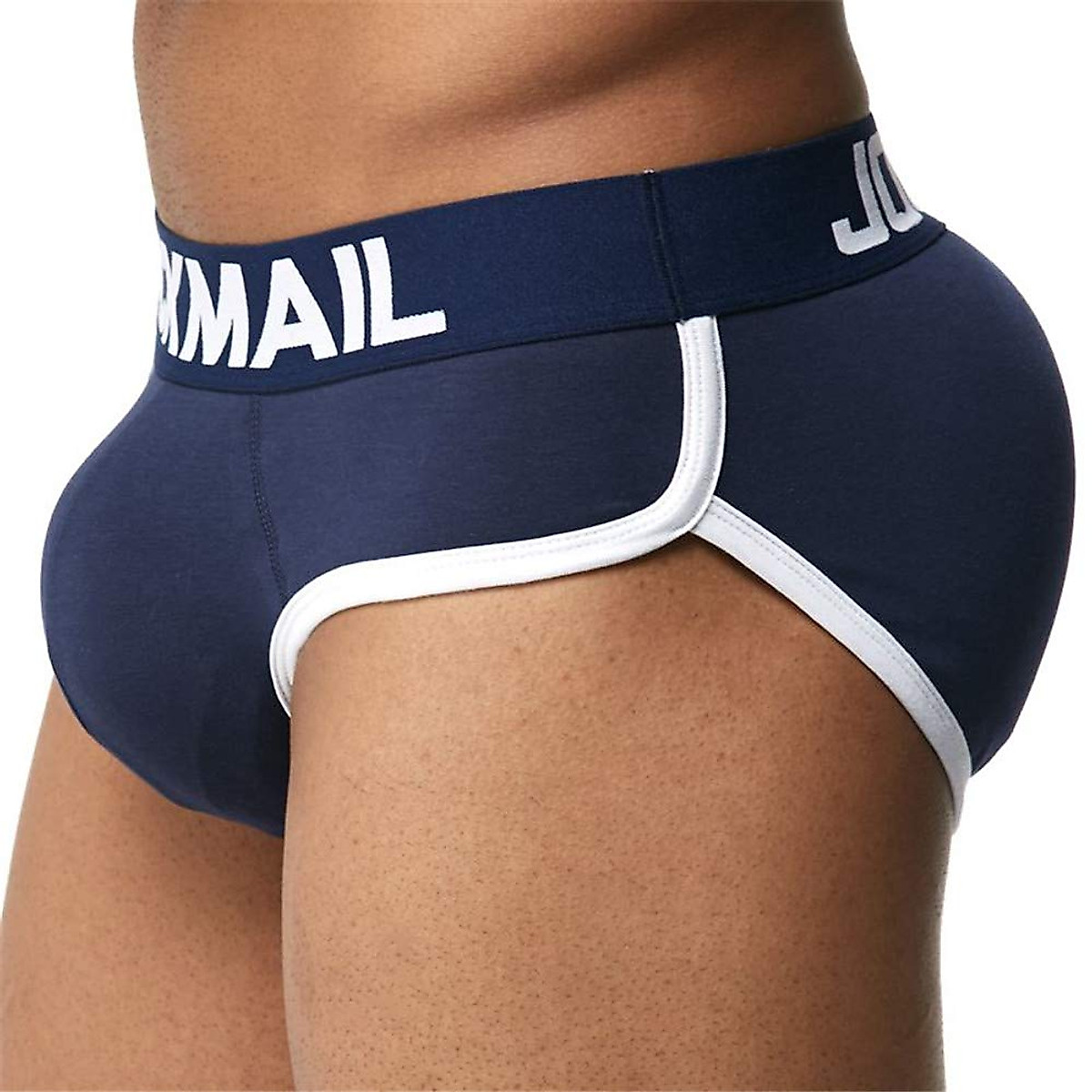 JOCKMAIL Mens Underwear Briefs Sexy Bulge Front + Back buttocks Double Removable Push Up Cup (M, Naveblue)
