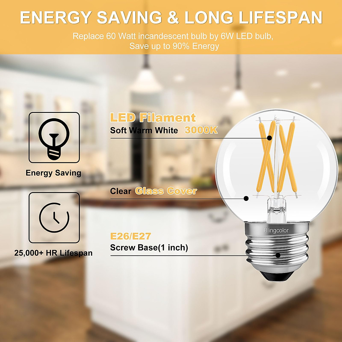 BLINGCOLOR 6 Pack Dimmable G16.5 LED Light Bulbs 60 Watt, E26 LED Bulbs 60 Watt Soft White 3000K, 6W E26 Globe LED Edison Small Light Bulb for Sputnik Chandelier, Vanity Lights, CRI80+, AC120V, 600lm