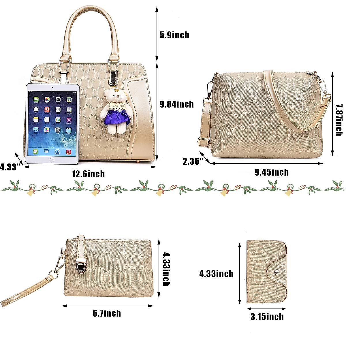 Chikencall Women Fashion Handbags and Purses 4pcs Set Synthetic Leather Top Handle Satchel Shoulder Bag for Christmas