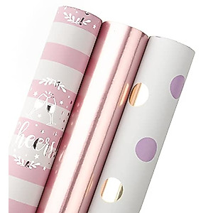 WRAPAHOLIC Wrapping Paper Roll - Rose Gold and Pink Set for Birthday Holiday Wedding Baby Shower - 3 Rolls - 30 inch X 120 inch Per Roll