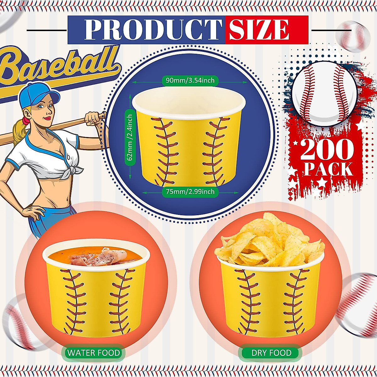 Zubebe 200 Pcs Softball Baseball Ice Cream Bowls 9 oz Softball Snack Bowl Soup Cup Serving Dishes Disposable Paper Food Tasting Cups Baseball Softball Party Supplies Game Day Decorations Dessert Cups