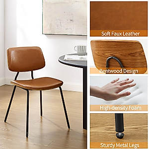 Art Leon Dining Chairs, Set of 2, Mid Century Modern Faux Leather Dining Room Chairs with Bentwood, Armless Accent Chairs with Black Metal Legs for Kitchen Living Room, Brown