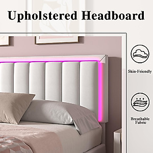IMMERSTABLE Full Size Bed Frame with Smart LED Headboard, Upholstered Bed Frame Full with Double Headboard, Heavy Duty Wood Slats Support, Noise-Free, No Box Spring Needed, Easy Assemble, White