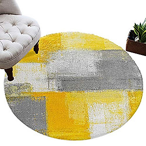 AmbeHome Round Fluffy Soft Area Rugs, Abstract Yellow and Grey Painting Circle Rug Fluffy Carpet, Shaggy Floor Mat Furry Large Rug for Living Room Bedroom Home Decor, 5ft Artwork Street Painting