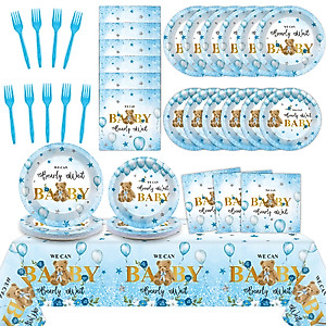 98 PCS Bear Baby Shower Decorations We Can Bearly Wait Tableware Set Baby Shower Themed Tablecloth Plates Boho Napkins Forks for Boy Girl Baby Shower Gender Reveal Birthday Party Supplies
