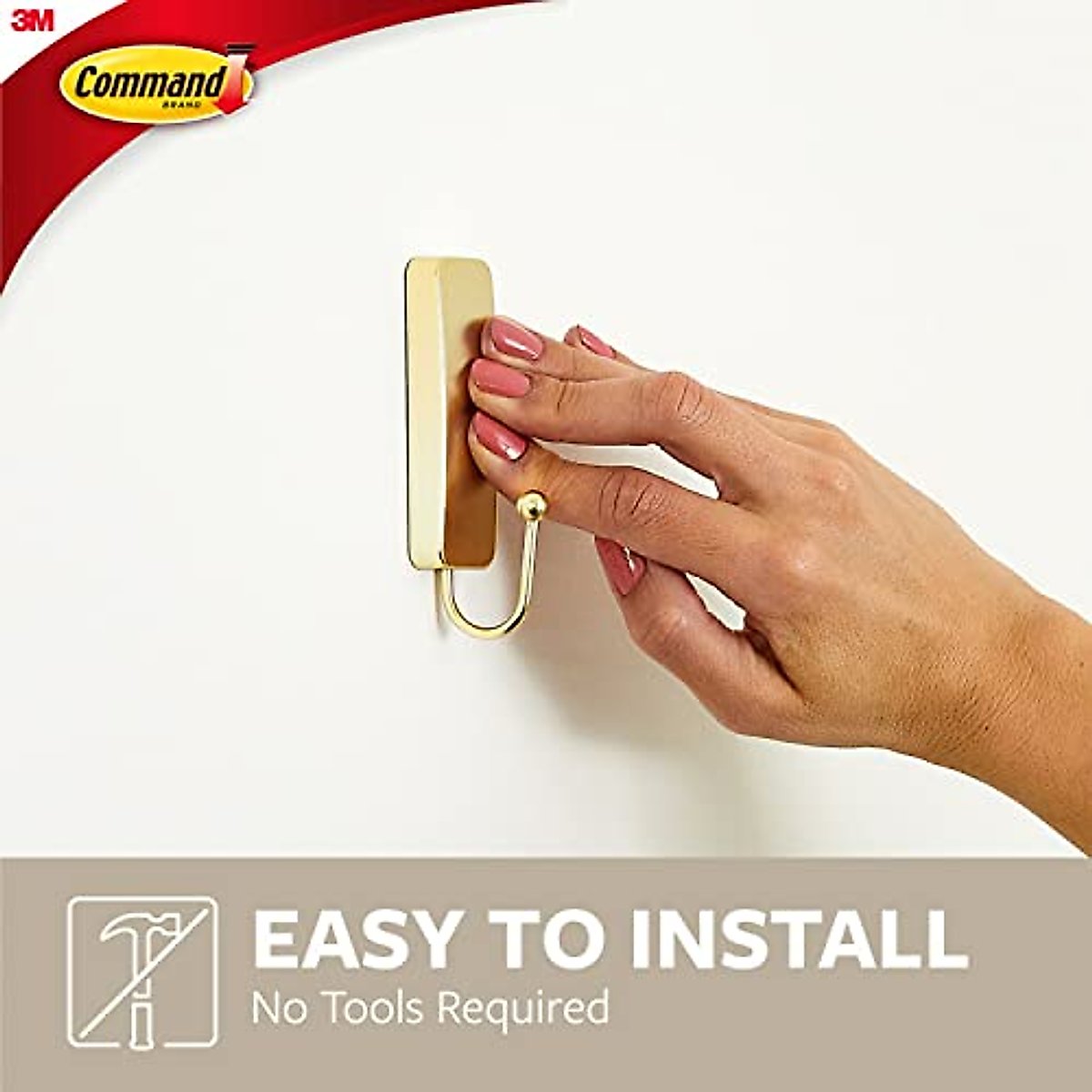 Command Medium Decorative Wall Hooks, Damage Free Hanging Wall Hooks with Adhesive Strips, No Tools Wall Hooks for Hanging Decorations in Living Spaces, 1 Satin Brass Hook and 2 Command Strips