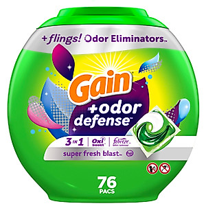 Gain flings Laundry Detergent Pacs with Odor Defense HE Compatible 76 Ct 3in1 Detergent Pacs with Febreze and Oxi Super Fresh Blast Scent