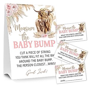 Baby Shower Games Measure the Baby Bump Sign, How Big is Mommy's Belly Party Favors Supplies, 5x7 Inch Kraft Standing Sign and 50 Guessing Cards, Holy Cow, Boho Pink Highland Cow