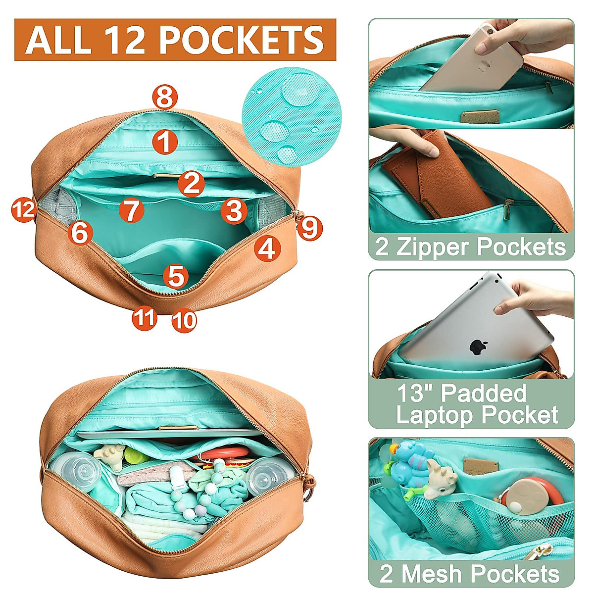 MOMINSIDE Diaper Bag Backpack, 12 Pockets Leather Mini Diaper Bag, Baby Bag Backpack, Baby Registry Search, 4 Insulated Pockets, Changing Pad, Stroller Straps(Brown)