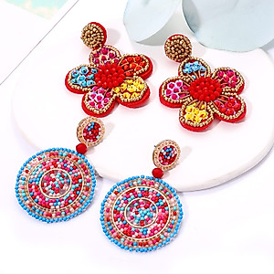 YAHPERN 4 Pairs Beaded Earrings for Women Boho Geometric Beaded Dangle Earrings Statement Pineapple Flower Drop Earrings Colorful Summer Earrings Set Jewelry Gift (Style C)