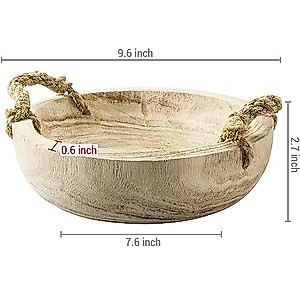 MyGift 9.6 inch Handmade Natural Paulownia Wood Fruit Bowl with Rope Handles, Decorative Round Serving Bowl Tabletop Home Décor