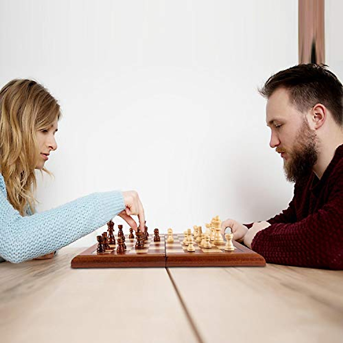 AMEROUS 15'' Magnetic Wooden Chess Set -Folding Board -2 Extra Queens -Chessmen Storage Slots -Gift Package, Travel Chess Board Game Sets for Kids and Adults