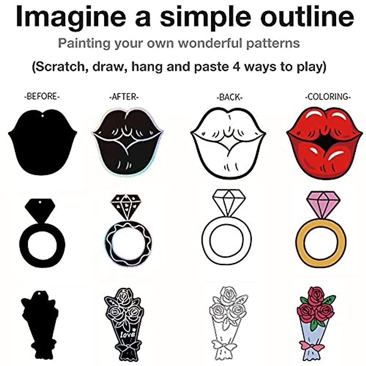 Mocossmy Valentine's Day Heart Magic Scratch Art for Kids,12 PCS Bear Rose Ring Lip Heart Present Rainbow Double Sided Scratch Paper Art Crafts for Kids Boys Girls Birthday Gifts Party Supplies Games