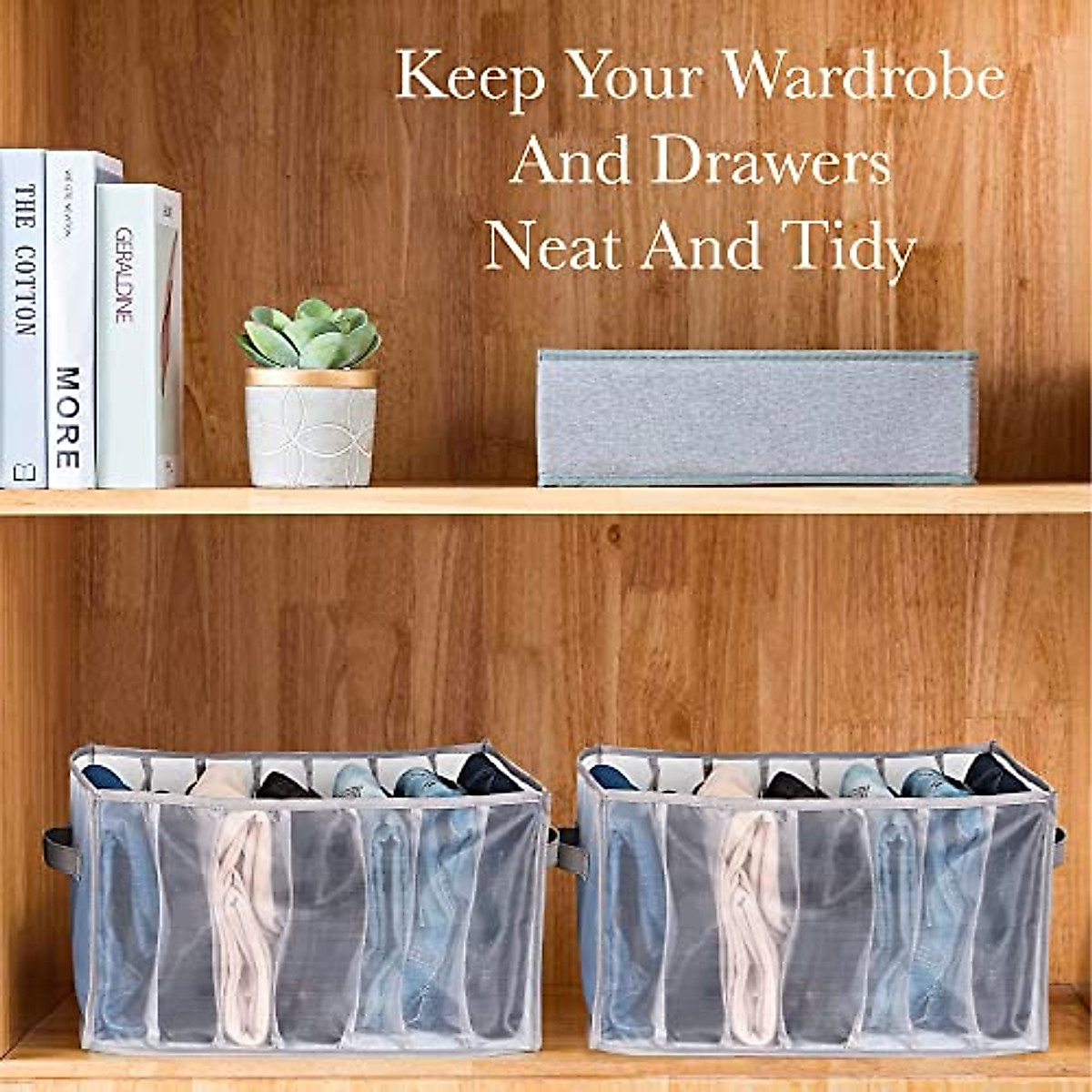 2 Pack Wardrobe Clothes Organizer , Jeans for Closet comes with 24 cell Sock Underwear Dividers Mesh Drawer Large 7 Grids Foldable Compartment Storage Box, gray