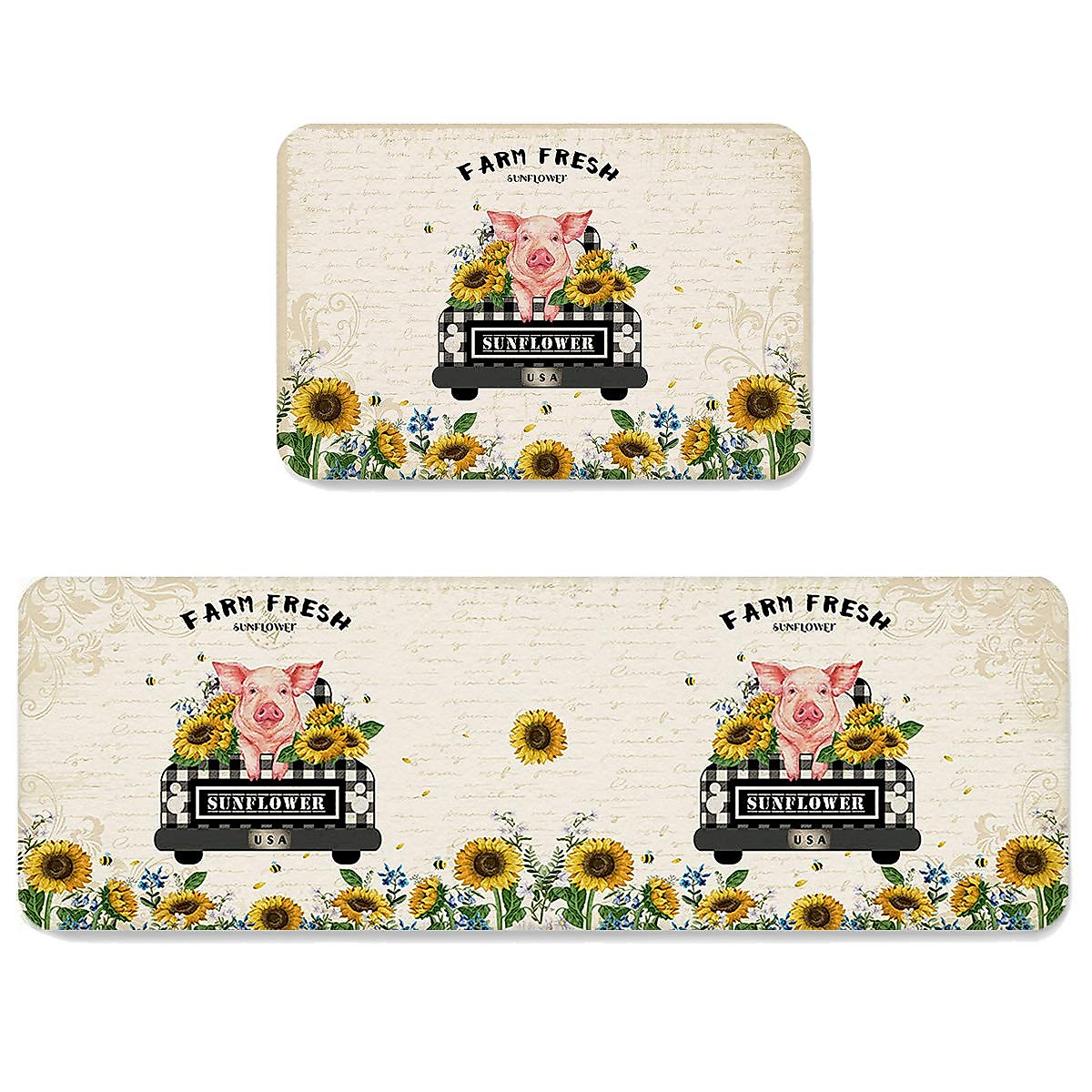 LooPoP Bright Yellow Sunflower Kitchen Mats for Floor Cushioned Anti Fatigue 2 Piece Set Kitchen Runner Rugs Non Skid Washable Farmhouse Pig and Truck 15.7x23.6+15.7x47.2