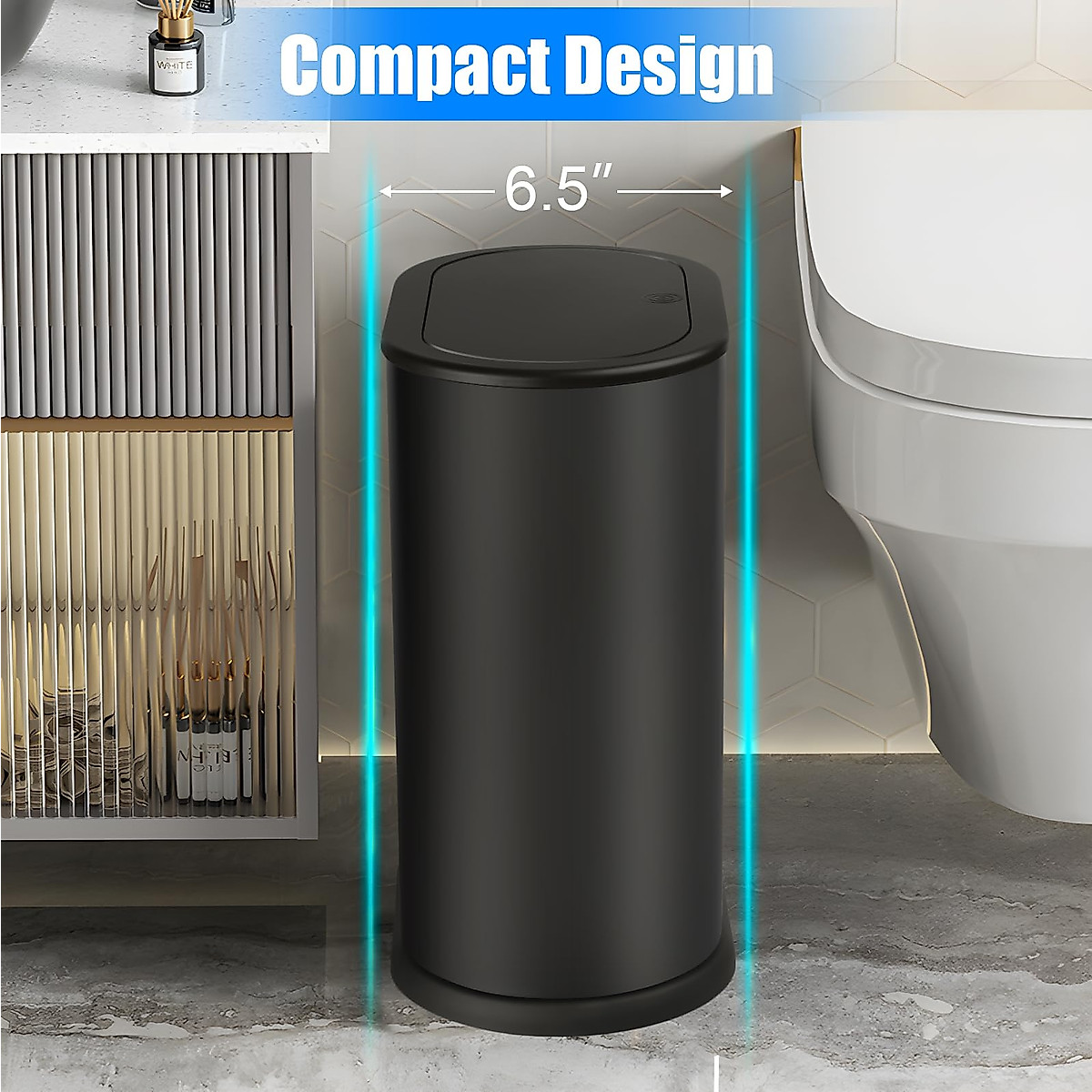 Anzoymx Stainless Steel Bathroom Trash Cans 1.8 Gallons Small Garbage Can with Pop up Lid, Metal Narrow Wastebasket, Slim Waterproof Litter Trash Bins Set for Bedroom, Toilet, Office (Black)