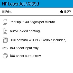 HP LaserJet M209d Laser Printer, Black and White, Automatic Duplex, USB Connection Only (Cable Included), Ideal in Home Office (8J9L0F)