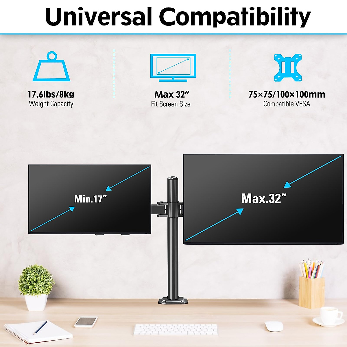 MOUNTUP Dual Monitor Desk Mount, Fully Adjustable Dual Monitor Arm for 2 Max 32 Inch Computer Screens up to 17.6lbs, Dual Monitor Stand Fit Two VESA 75x75&100x100, with C-Clamp and Grommet Base MU0002