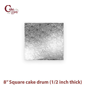 Cakebon Cake Drums Square 8 Inches - (Silver, 1-Pack) - Sturdy 1/2 Inch Thick - Fully Wrapped Edges