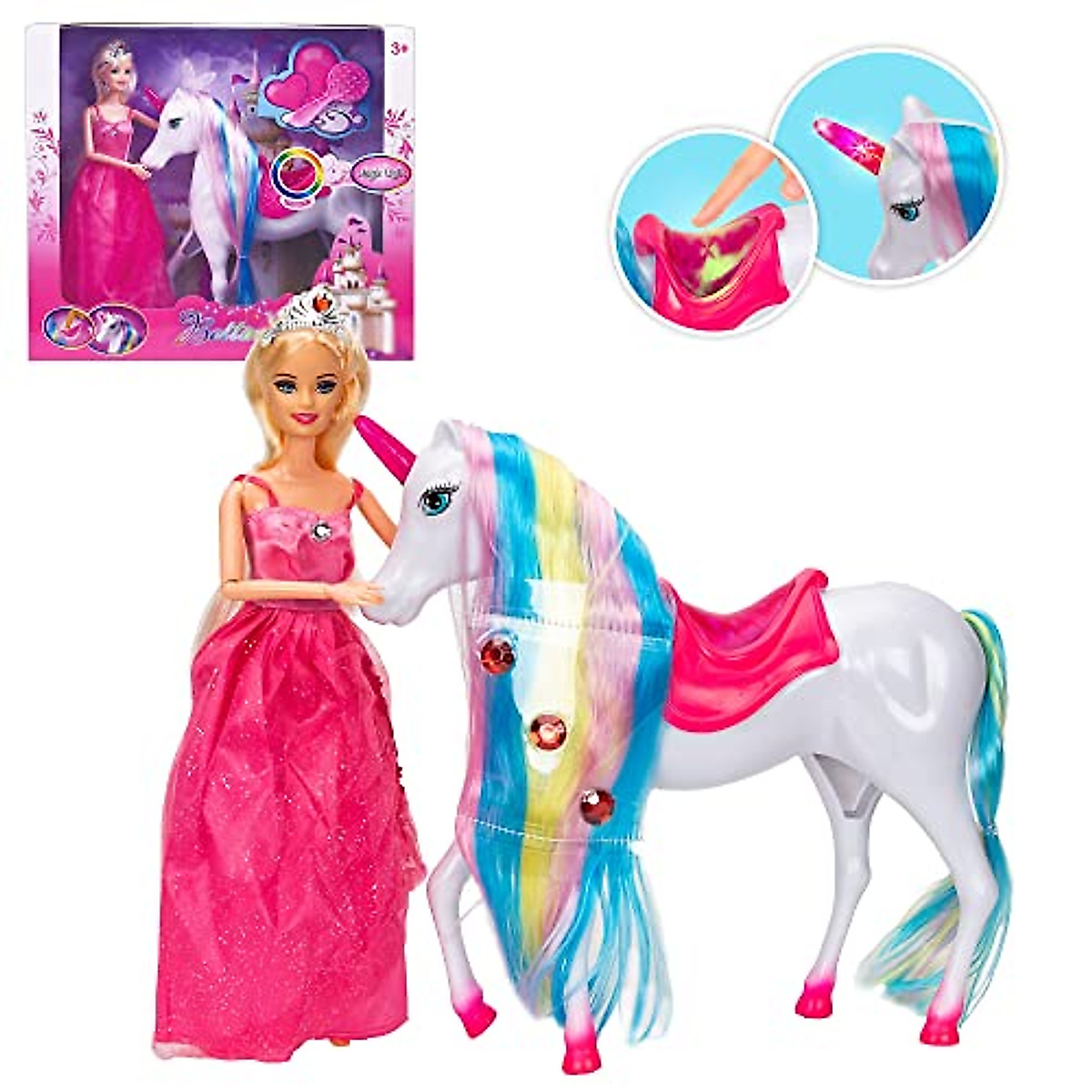 White Unicorn with Magic Light Horn and Fairy Tale Princess Doll 11.5“, W/Comb and Crystal Crown, Girls' Unicorn Doll Toys Gifts, Presents for Girl Kids Aged 3+