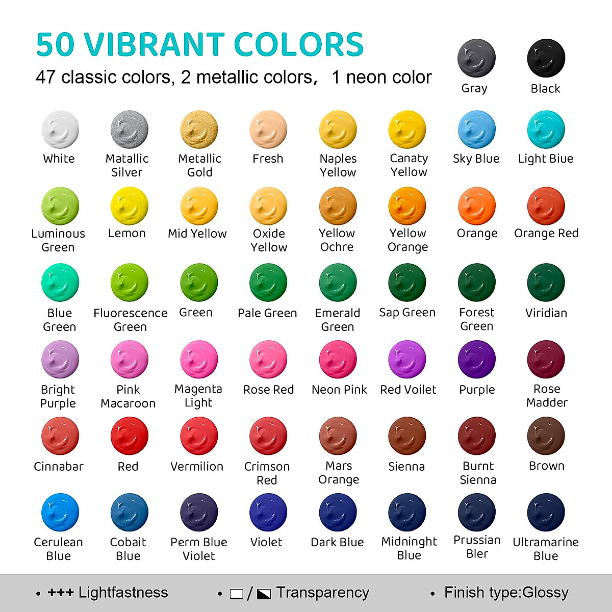 UPGREY 50 Colors Acrylic Paint Set, Non Toxic Art Paints (2fl Oz/60ml Each) With 5 Craft Paint Brushes, Metallic Acrylic Paints Kids Adults for Canvas Crafts Stone Wood Ceramic And Model Painting