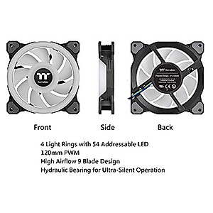 Thermaltake Riing Quad 120mm 16.8 Million RGB Color (Alexa, Razer Chroma) Software Enabled 4 Light Rings 54 Addressable LED 9 Blades Hydraulic Bearing Case/Radiator Fan CL-F088-PL12SW-B, Black