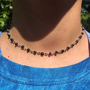 Yalice Beaded Choker Necklace Dainty Opal Birthstone Chokers Necklaces Jewelry for Women (Silver-Black-1)