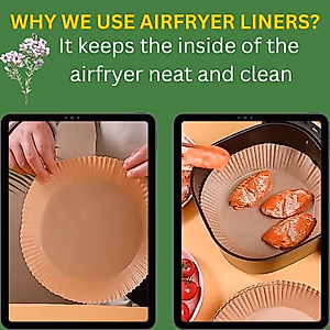 Pack of 128pcs having 100pcs Airfryer Liners 6.3inch with 1pc Silicone Brush, 7pc Compressed Towels And 20pc Disposable plastic gloves for kitchen, Air Fryer Disposable and Non-Stick Paper Liners.