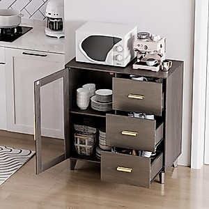 Function Home Sideboard Buffet, Storage Cabinet with Glass Door, Wood Accent Console with Drawers, Mid Century Coffee Bar for Kitchen, Living Room, Hallway, Entry, Walnut