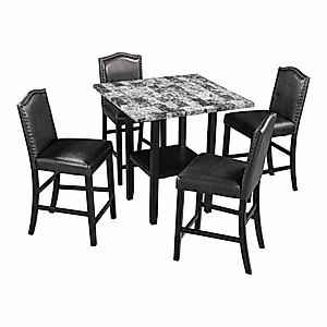 XD Designs 5 Piece Dining Set for Dining Room Wood Marble Veneer Dining Table with Bottom Shelf 4 PU Leather Chairs WNail Head Trim Small Spaces Gray Grey