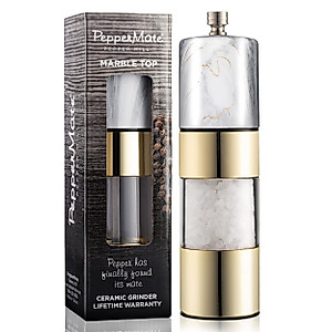 Peppermate Salt and Pepper Grinder - Easily Refillable Stainless Steel Pepper Mill Grinder with Real Marble Finish Top, Ceramic Blades, Adjustable Coarseness (White)